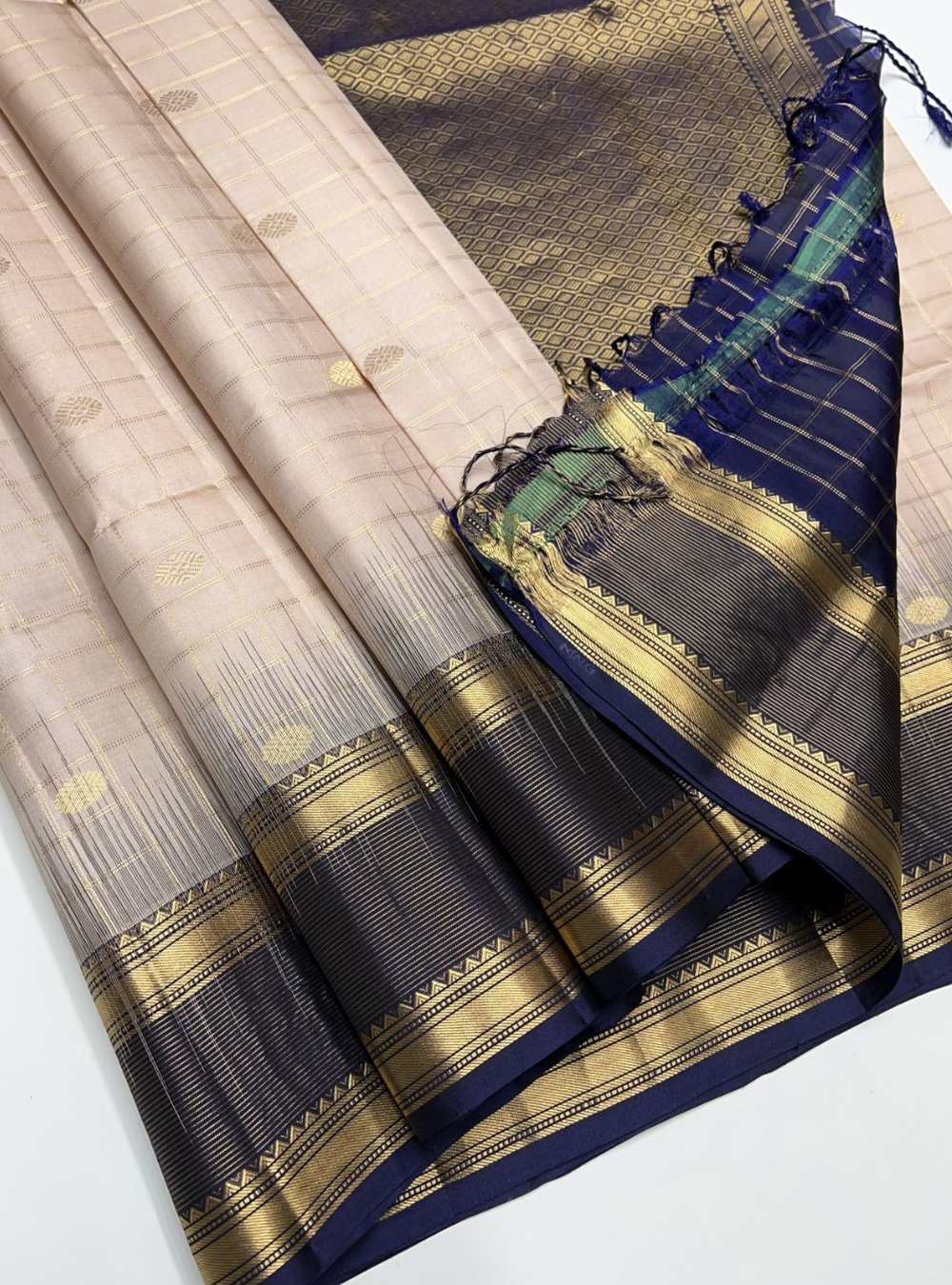 Half white & Ink Blue- Checkered Soft Silk Saree